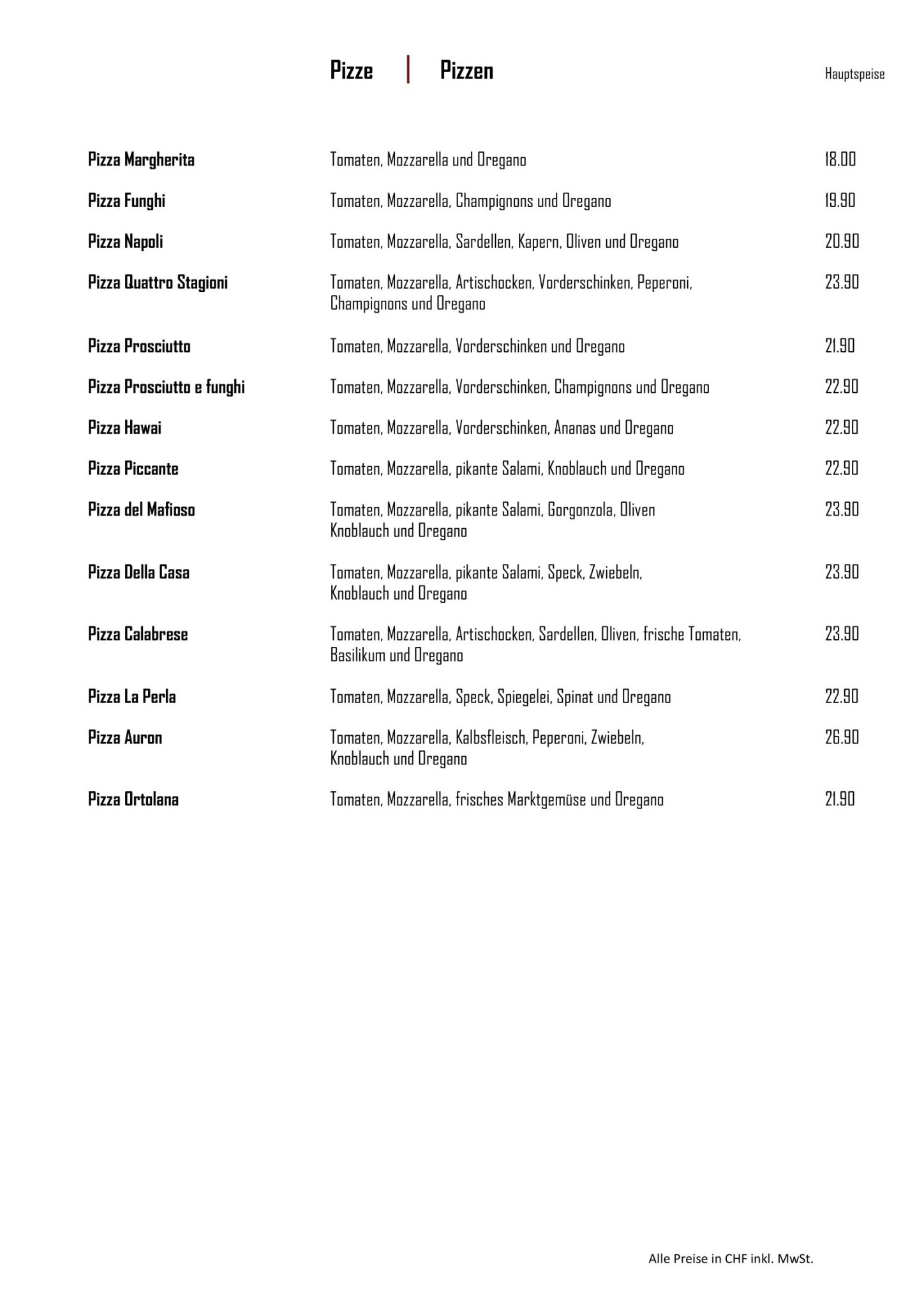 SPEISEKARTE – Piazza Italia Bern