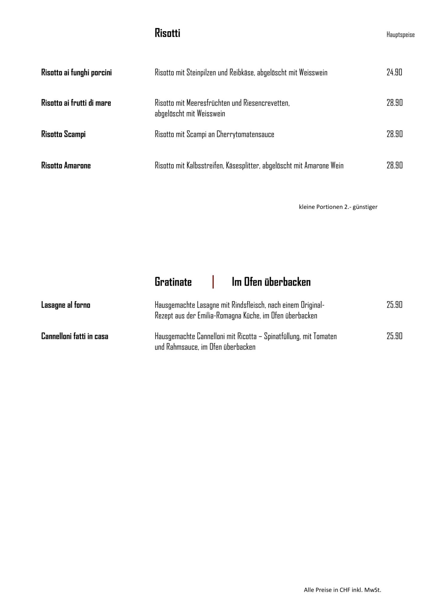 SPEISEKARTE – Piazza Italia Bern